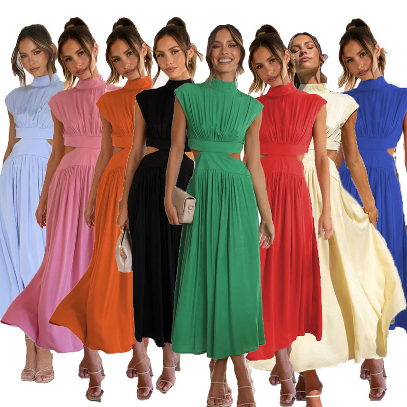 2023 Summer Models Stand Collar Macaroon Color Maxi Dresses – Carkur